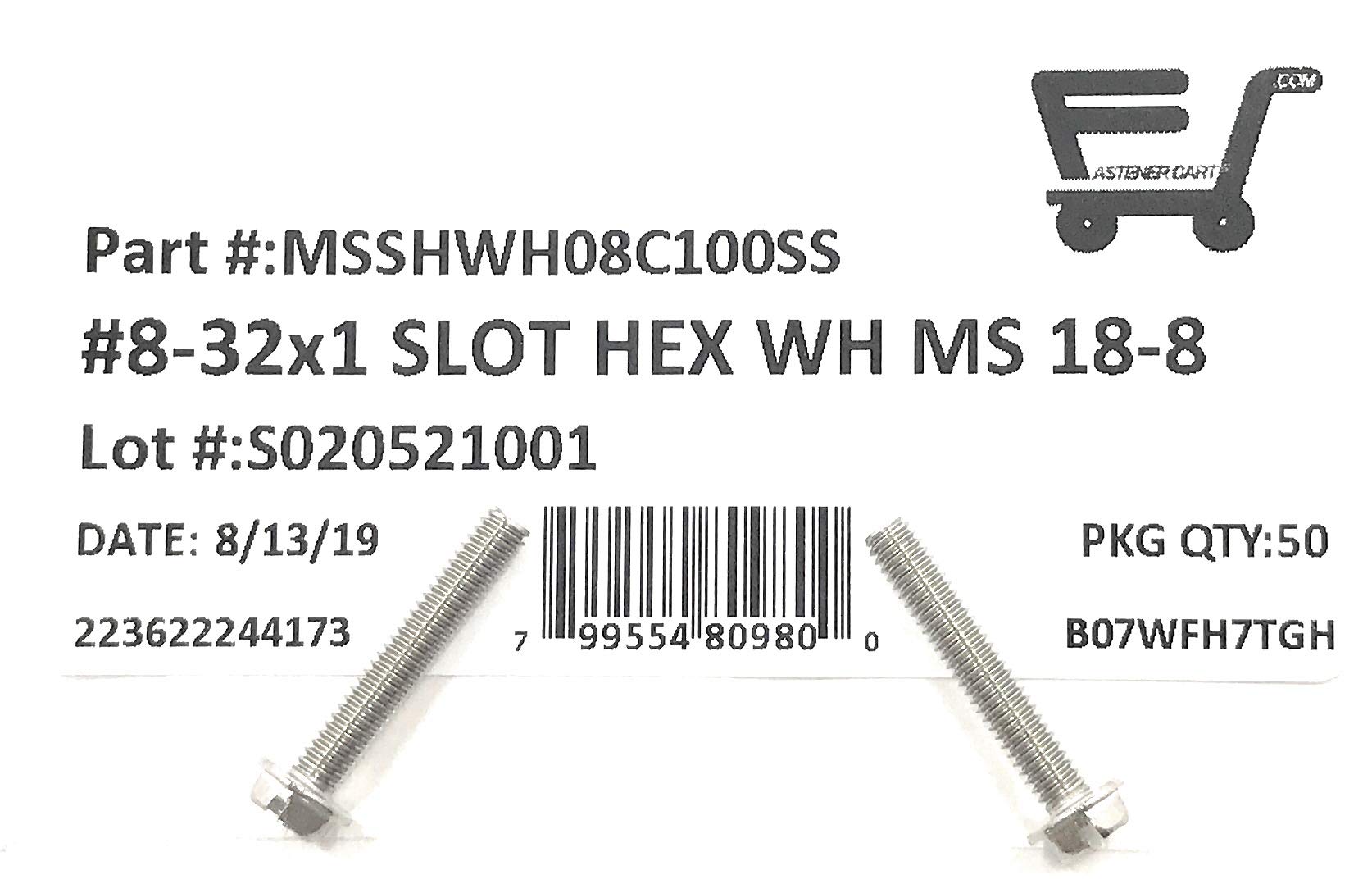 8-32x1 Slotted Hex Washer Head Machine Screws 18-8 Stainless Steel (50 Pcs)