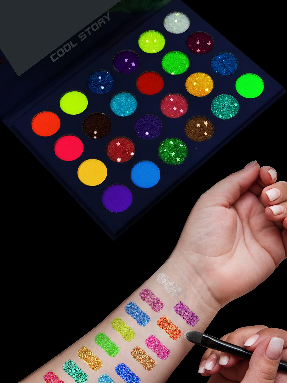Kalolary 24 Colors Glow in the Dark Makeup Eyeshadow Face Paint Palette, Highly Pigmented Neon Eyeshadow Palette Matte and Glitter UV Glow Blacklight Party Make up