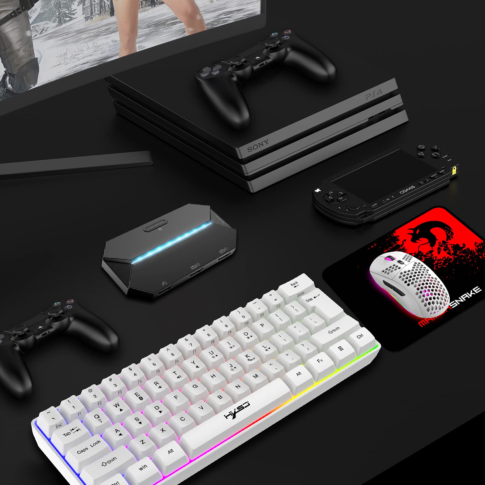 4 in 1 Wireless Gaming Keyboard Mouse and Converter with RGB Backlit Mini 61Key Ergonomic Honeycomb Shell 2.4Ghz USB Receiver Bluetooth Wired Adapter for PS4 PS3 Xbox Switch PC Mac Gamer Typist(White)