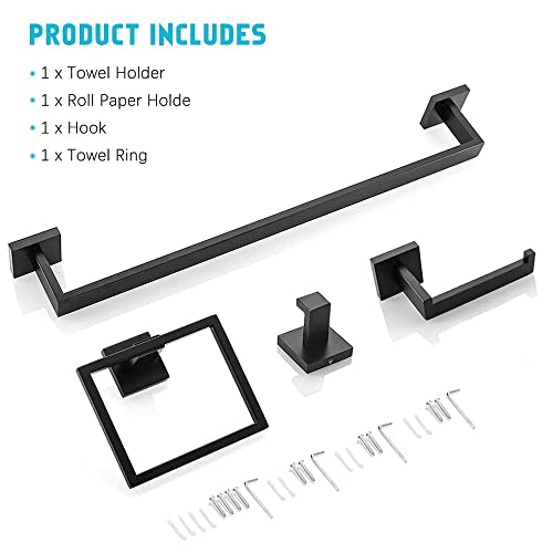 4-Piece Bathroom Hardware Accessories Set, Towel Bar Sets Include Towel Bar Towel Holder Toilet Paper Holder Towel Hook,16 inch Bath Accessories Kit,Matte Black