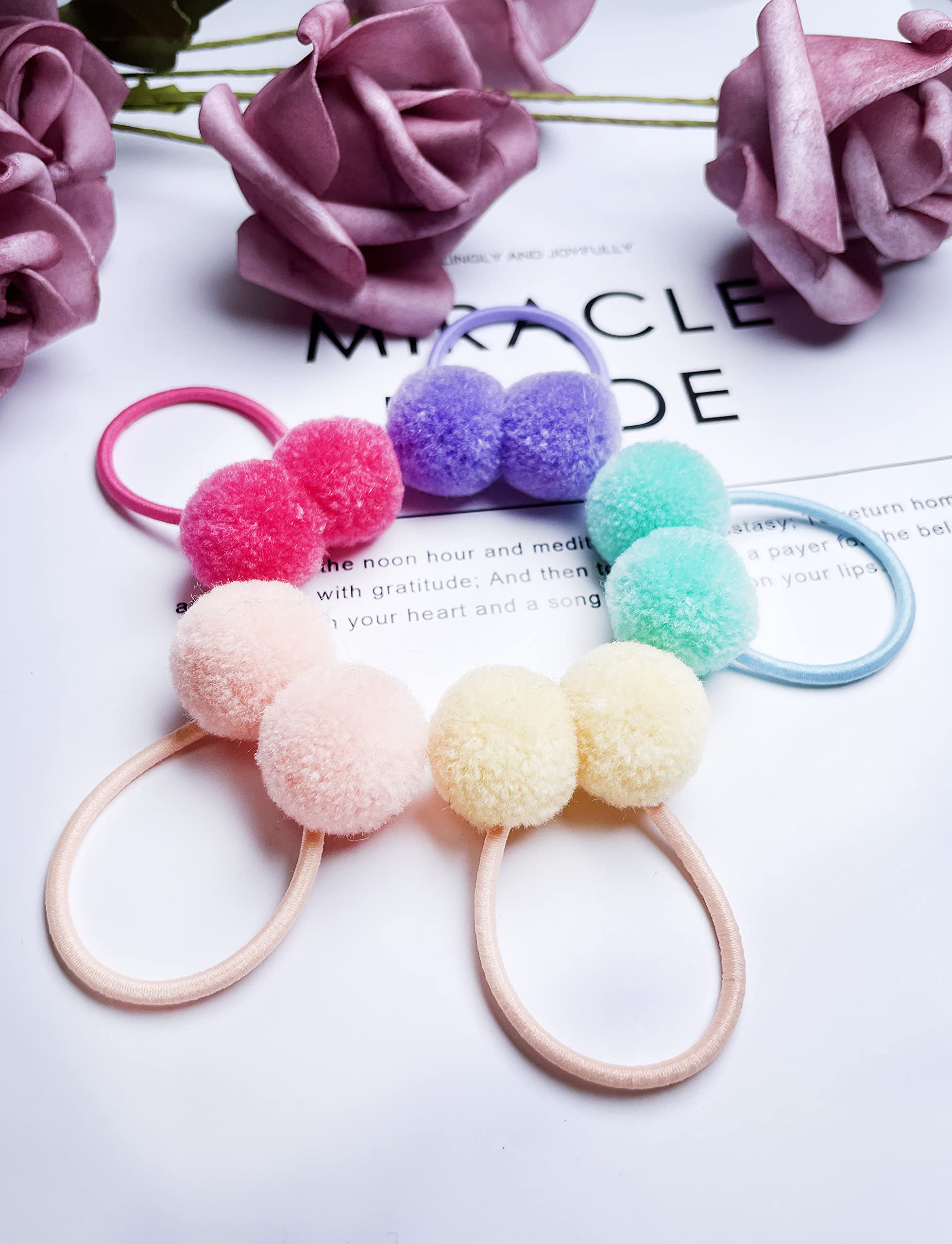 AMMY Pom Pom Hair Accessories - 28 Pcs Soft Ponytail Holders, Small Ball Bands for Baby, Infants, and Toddler Girls