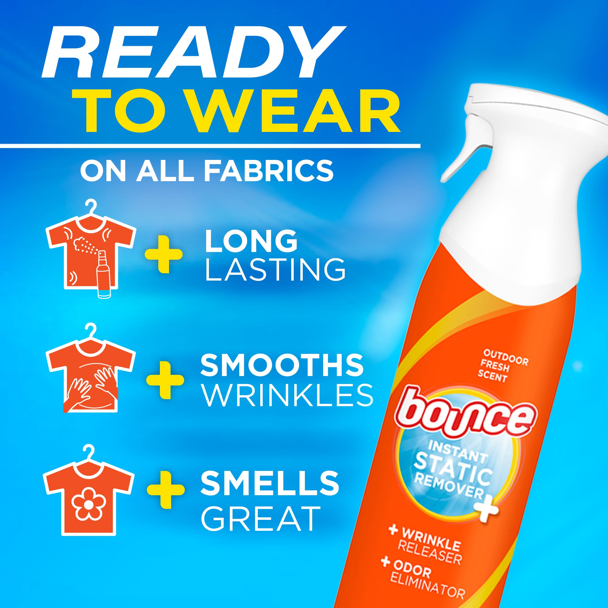 Bounce 3-in-1 Anti Static Spray & Wrinkle Release - Odor Eliminator, Fabric Refresher & Dewrinkle Spray for Clothes, Anti-Wrinkle Spray for Clothing, Travel Size Wrinkle Releaser, 9.7 Fl Oz, Pack of 2