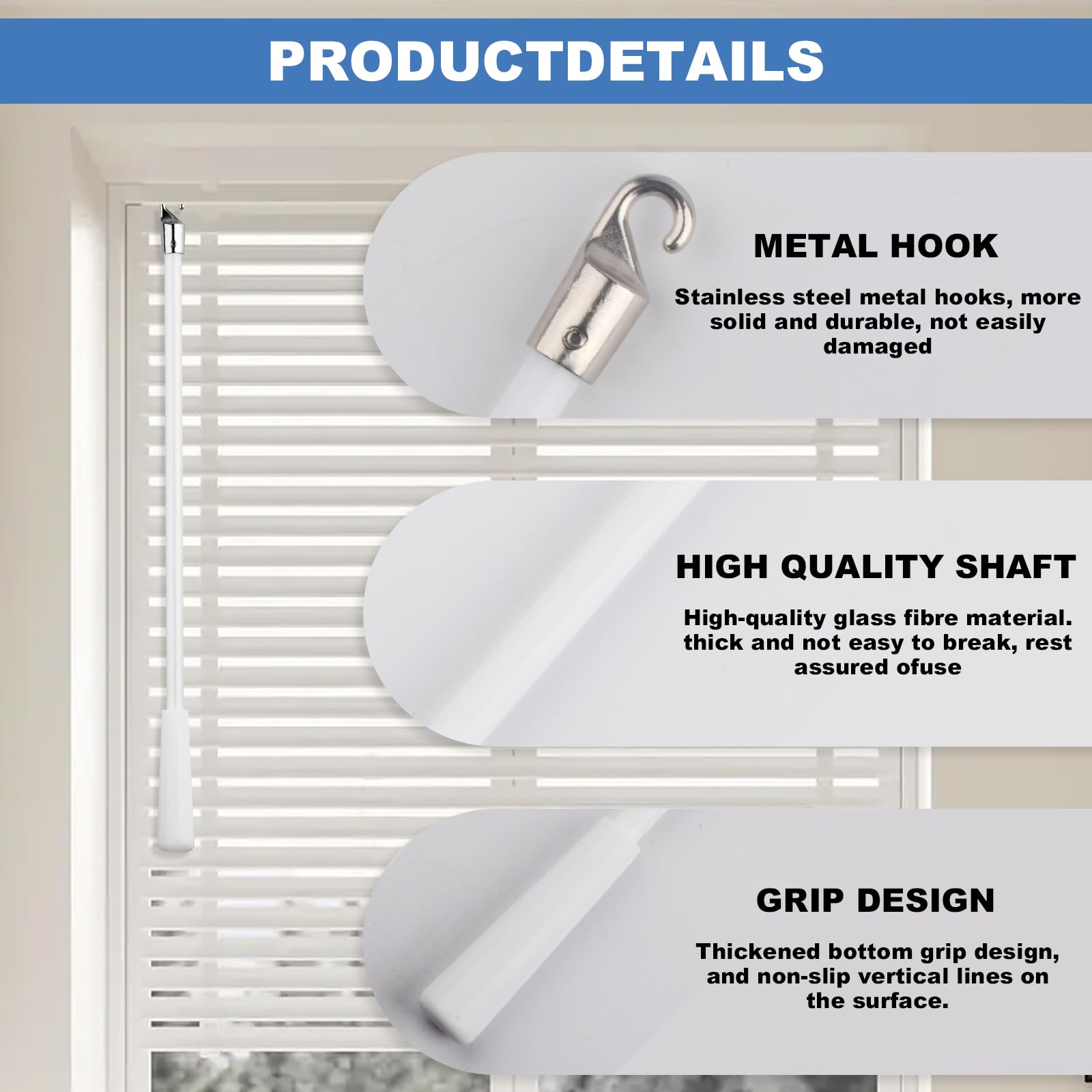 12 Inches Blind Wands, Vertical Blinds Wand Replacement with Hook and Handle, White Fiberglass Window Blind Tilt Rods, Blinds Stick Replacement Parts, Curtain Stick Blind Tilt Wand for Window
