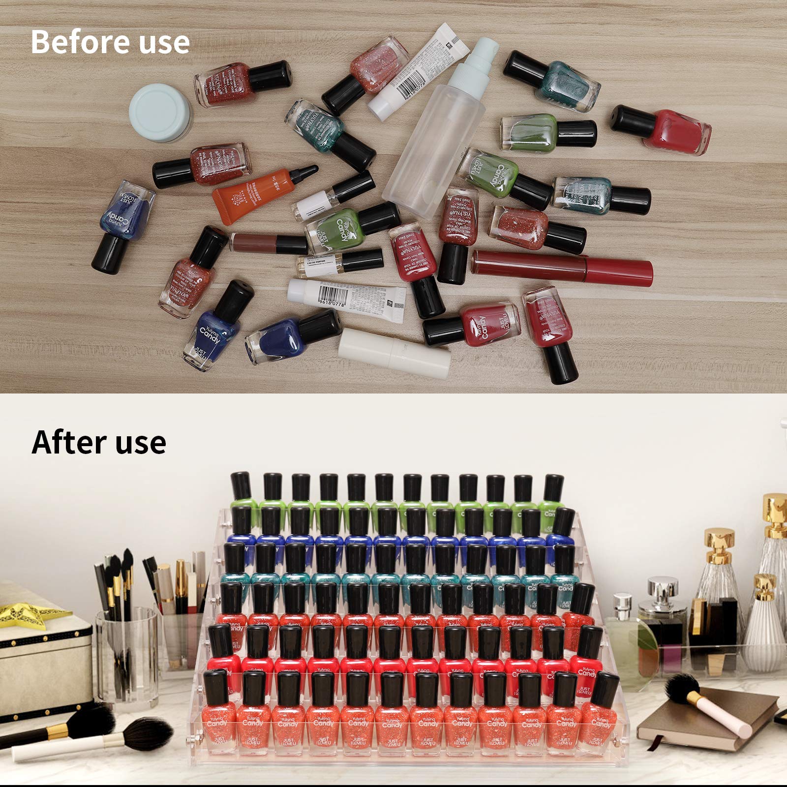 BTremary Clear Nail Polish Paint Organizer Holder Rack Shelf 6 Tier Acrylic Tattoo Ink Essential Oil Display Stand Holds Up to 48-96 Bottles for Table (Fit 1-2oz Bottles)