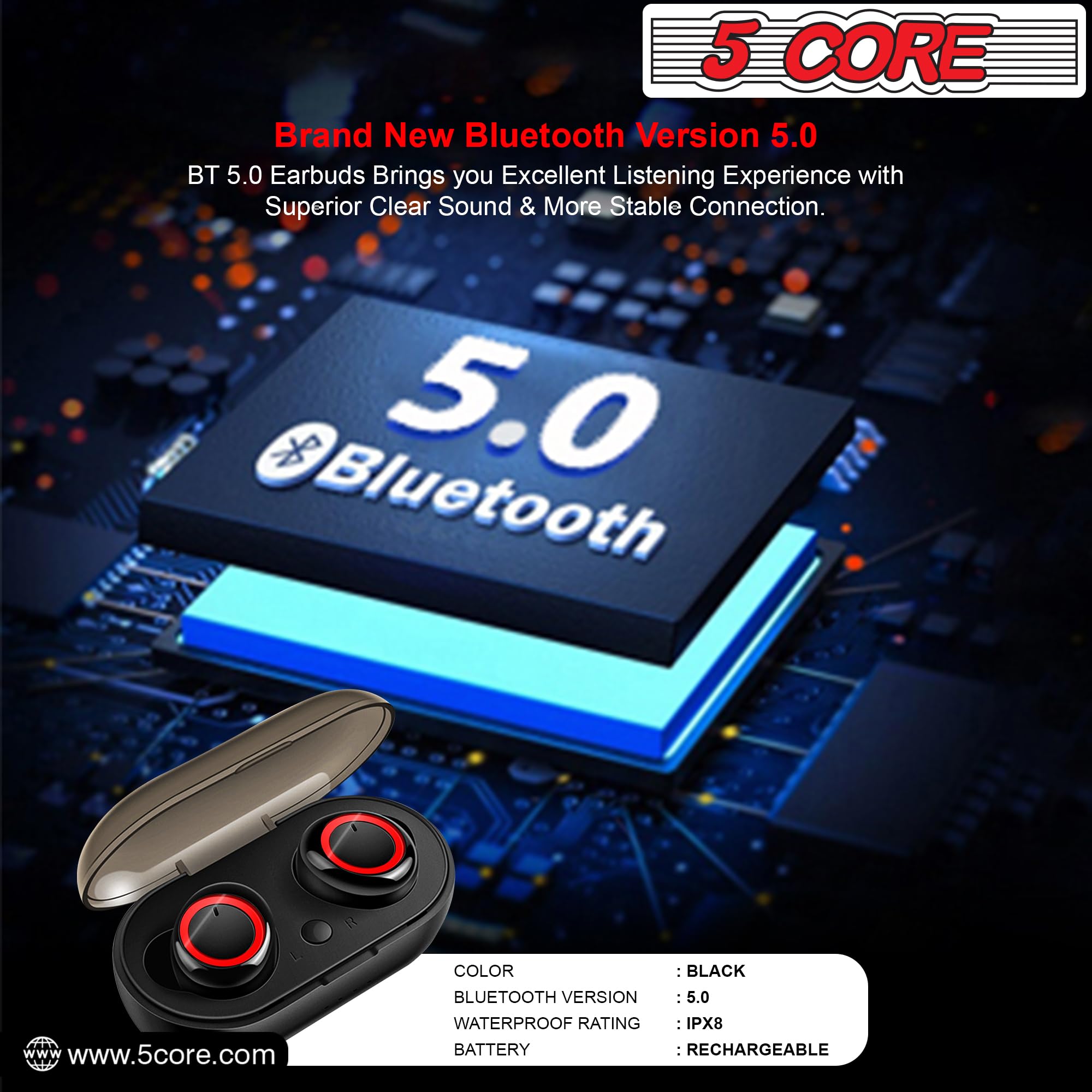 5 CORE Wireless Ear Buds • Mini Bluetooth 5.0 Noise Cancelling Earbud Headphones w Stereo Sound IPX8 Waterproof for Sports Workout EP01