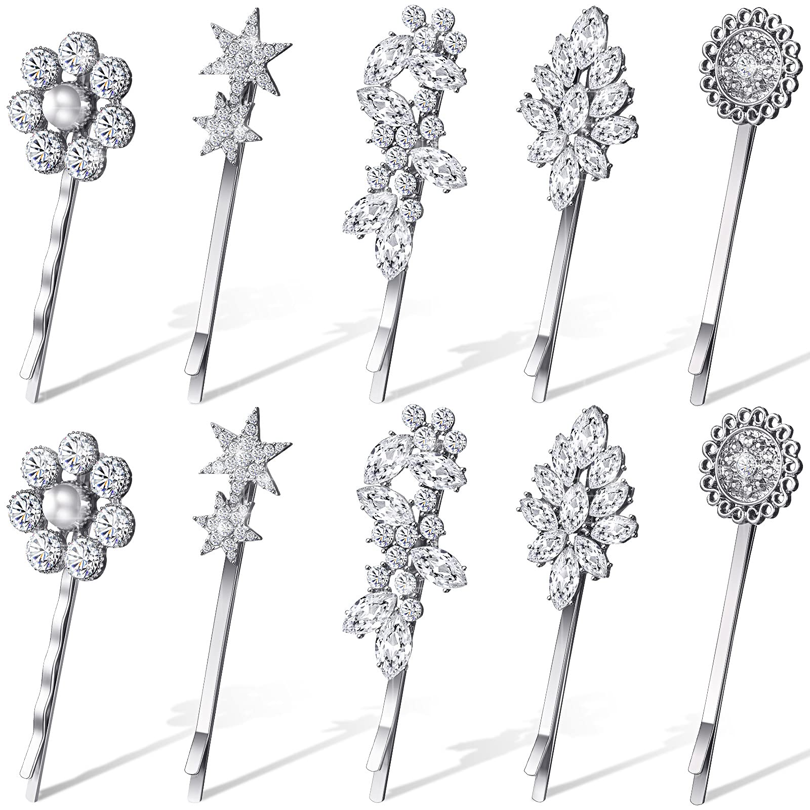Waydress 10 Pcs Vintage Hair Pins for Women Vintage Rhinestone Bobby Pin Star Decorative Barrette Flower Leaf Feather Sunflower Metal Hair Accessories(Silver)