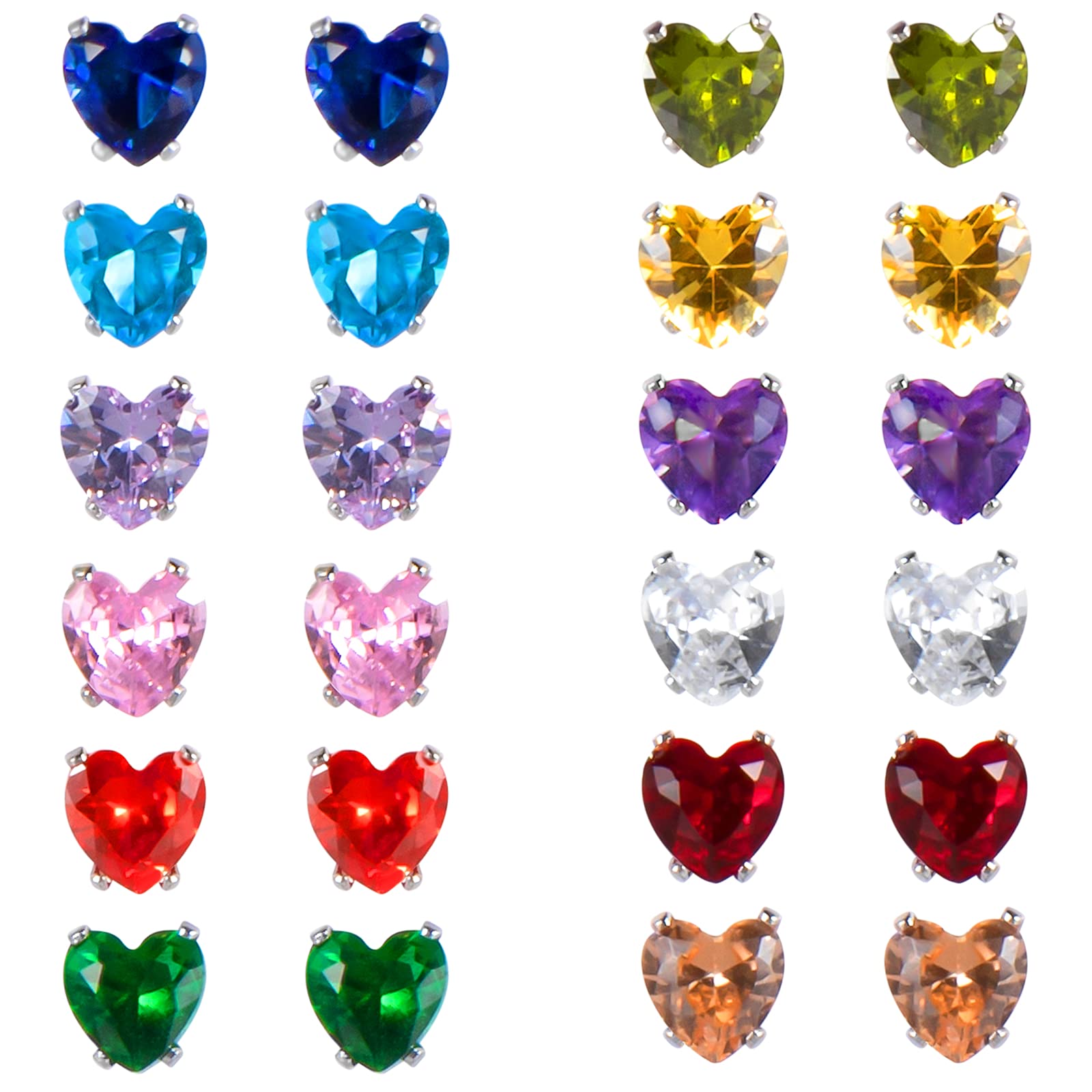 12 Pairs Stainless Steel Stud Earrings for Women, Heart Star Triangle CZ Stud Earrings, Cubic Zirconia Birthstone Stud Earrings Set (Heart CZ 4MM)
