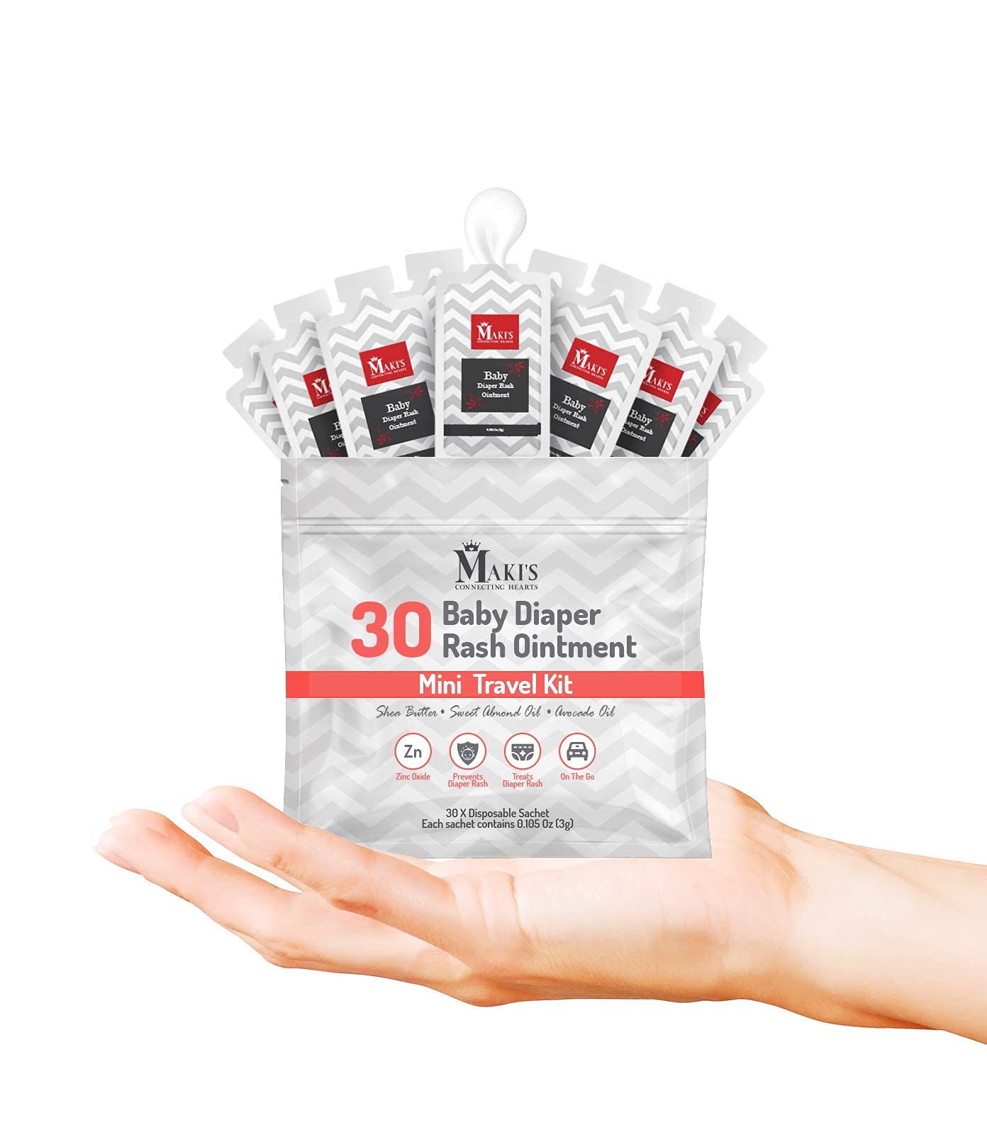 Maki’s Baby Diaper Cream - Diaper Rash Ointment For Newborns - Portable Baby Must Haves For Rash Prevention And Treatment - Spill Proof Baby Ointment For Diaper Rashes - Set Of 30 Single Use Baby Rash Cream - .105 oz Per Packets