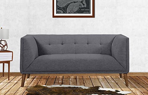 Armen Living Hudson Loveseat in Dark Grey Linen and Walnut Wood Finish