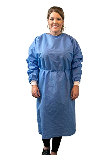 200-Pack Level 2 Disposable Isolation Gown Baluster Fully Closed Double Tie Neck and Waist, SMS 35g, Knitted Cuffs, Fluid Resistant, Blue, Unisex