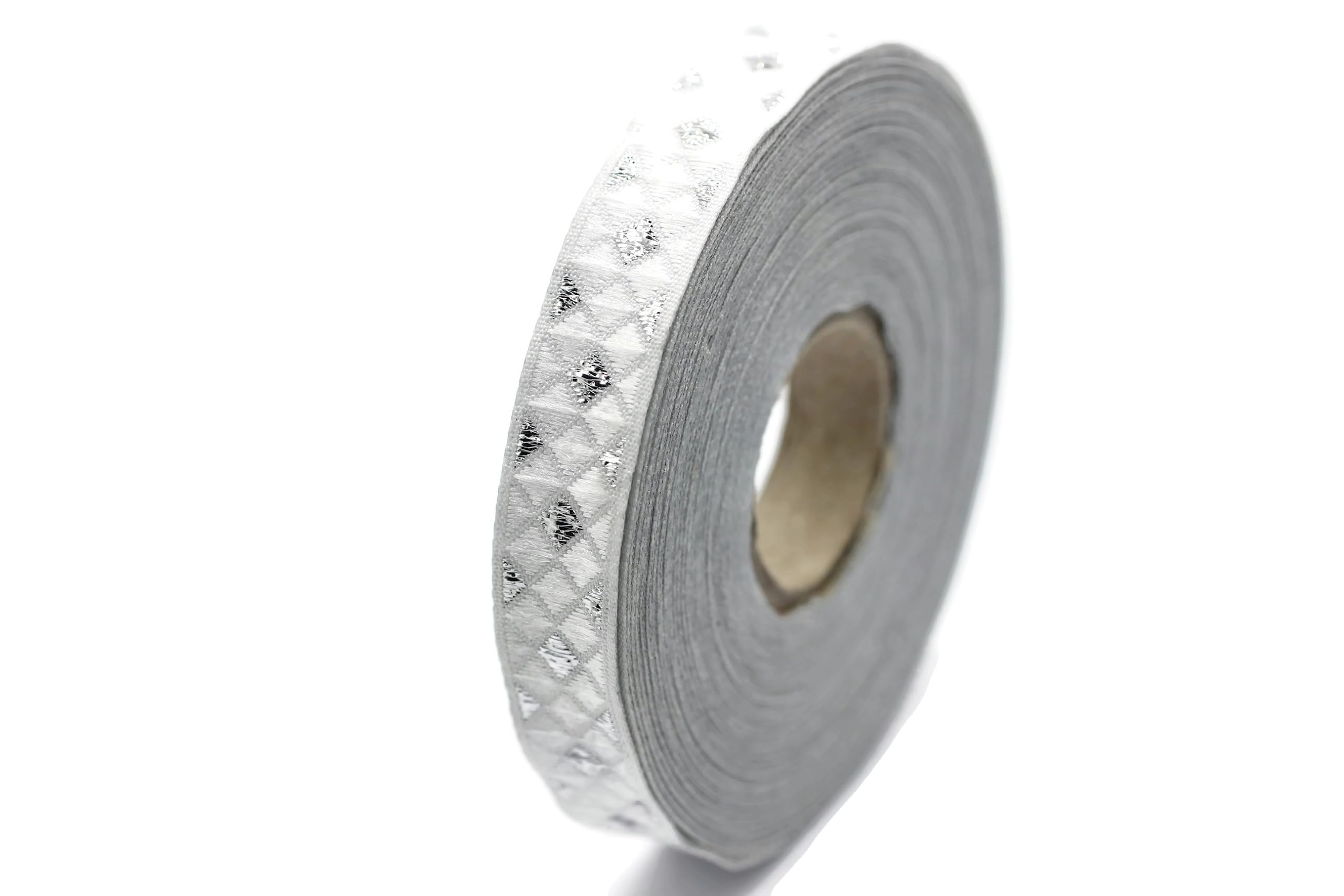 11 Yard Spool 0.47 inches Wide Silver White Jacquard Ribbons Diamond Jacquard Trim Sewing Trim Woven Ribbons Dog Collars Decorative Ribbon 12251