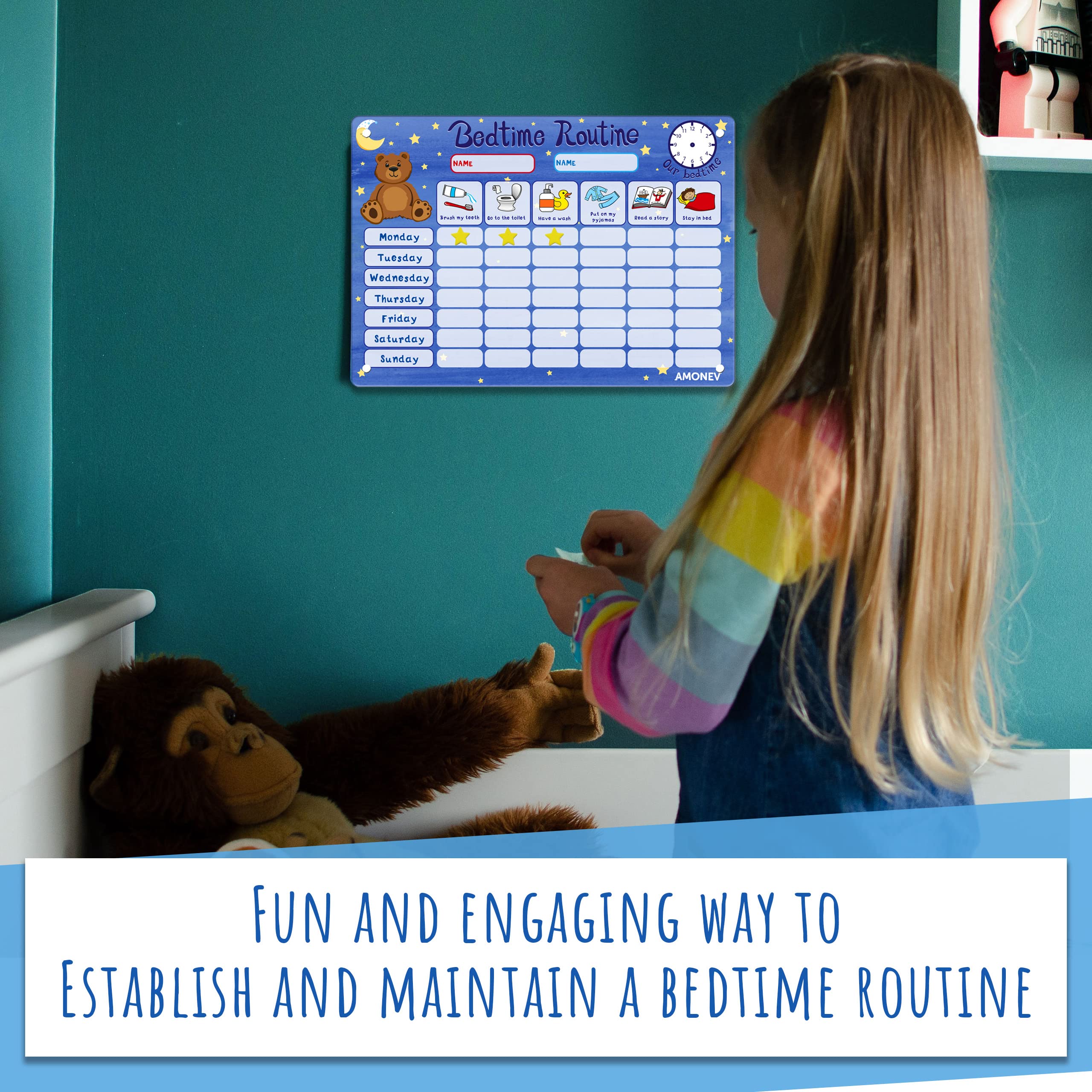 Amonev Magnetic Bedtime Routine Chart Reward Chart and Sleep Training Stay in Bed Chart for Boys Girls Toddlers and Young Children with Magnetic Stars. Reusable Wall Chart. Two Child.