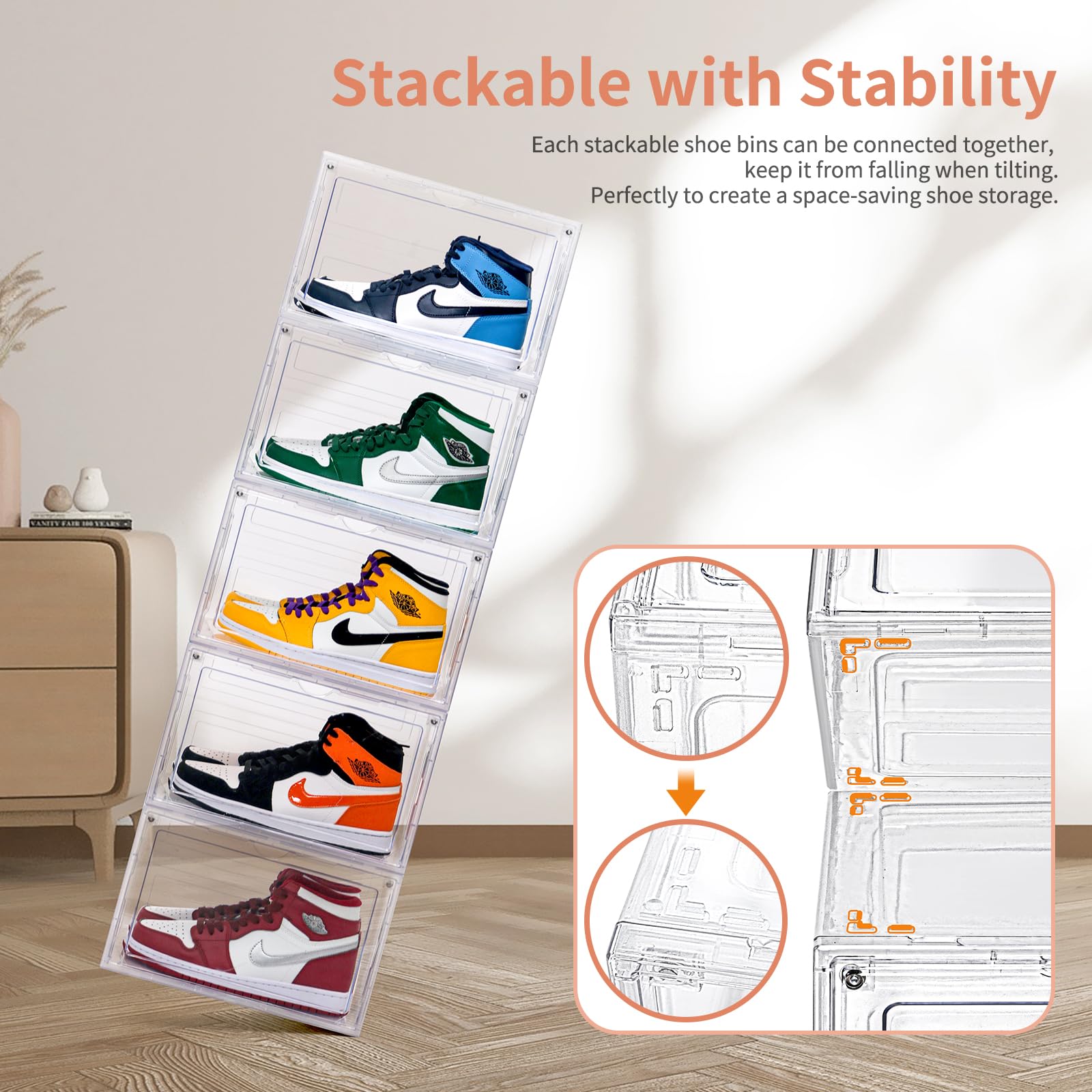 12 Pack Clear Shoe Boxes Stackable,Large Shoe Storage Organizer with Magnetic Door,Drop Side Shoe Containers for Entryway,Sneaker Storage Fit up to US Size 13 for Men/Women(13’’x 10.62”x 8.26”)