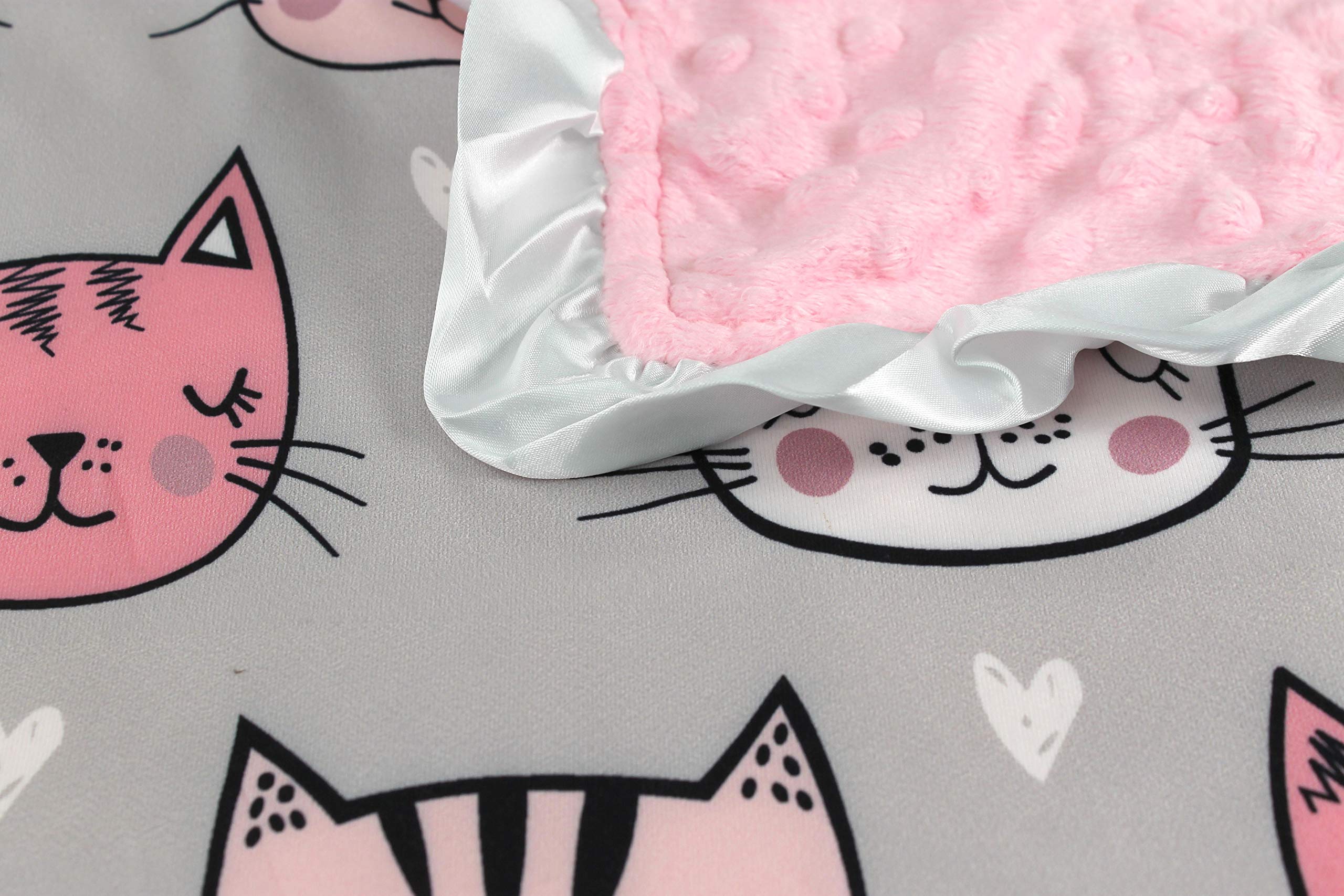 Baby Blanket - Kitty Cats on Grey with Pink Minky Dot and Satin Ruffled Edge