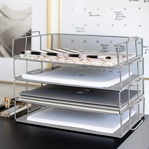 Blu Monaco Desk Organizers and Accessories Stackable Paper Tray - 4 Tier Stackable Letter Trays - Silver Metal Mesh File Holder Organizer