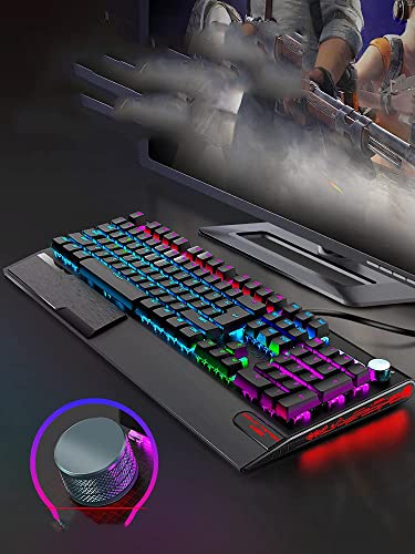 Multimedia Knob Computer Mechanical Keyboard Sandblast Metal Panel,104-Keys Conflict Free Buttons Gaming Keyboard,Dazzle Colour on Both Side, Mouse+Mouse Pads (Black/Raionbow Backlit/Blue Switch)