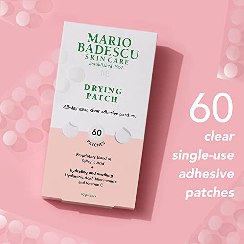 Mario Badescu Drying Patch Blemish Covering, Invisible Spot Treatment, Absorbing All Day Polymer Adhesion with Vitamin C, Vegan & Cruelty Free, Strong Hold (60 Patches, 12mm), Clear