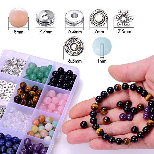 300Pcs Gemstone Round Loose Beads Wholesale Natural Stone Beads with Spacer Beads and Elastic String for Bracelets Jewelry Making