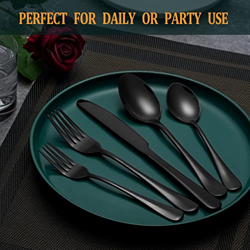 40 Pcs Black Silverware Set, Stainless Steel Flatware Set for 8, Food-Grade Cutlery Set, Mirror Polished Tableware Eating Utensils Set for Home Kitchen, Include Knife Fork Spoon Set, Dishwasher Safe
