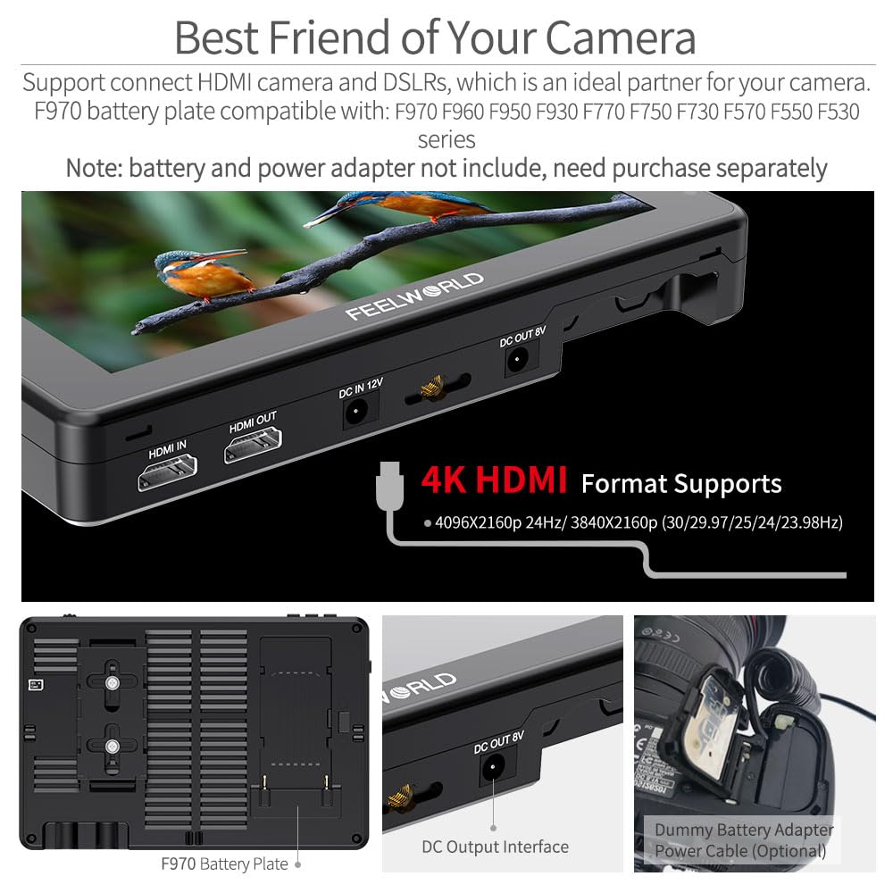 FEELWORLD LUT7 PRO 7 Inch Ultra Bright 2200nits DSLR Camera Field Monitor 3D LUT Touchscreen HDR Waveform F970 External Power and Install Kit 4K HDMI