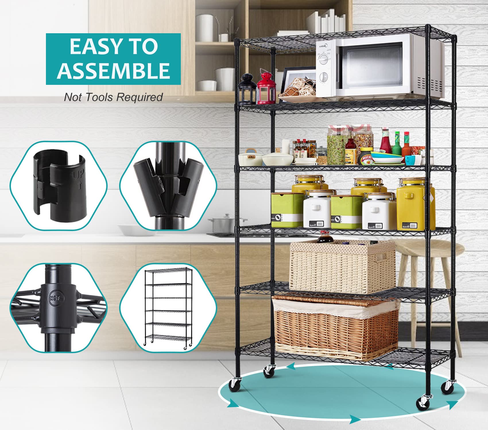 6 Tier Wire Shelving Unit Rack, NSF Heavy Duty Height Adjustable Storage Shelf Metal Shelving with Wheels/Feet Levelers for Garage Rack Kitchen Rack Office Rack Commercial Shelving - 18"x48"x82" Black
