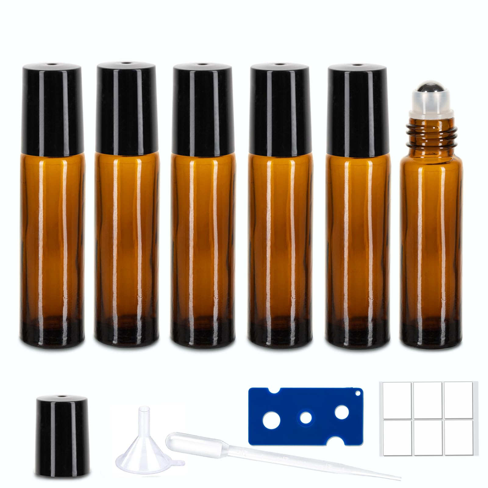 12 Pack Essential Oil Roller Bottles, 10ml Roller Balls for Essential Oils, Amber Glass Roller Bottles, Roll on Bottles with Stainless Steel Roller Balls, Labels, 1*Openers, 1*Funnels, 2*Dropper