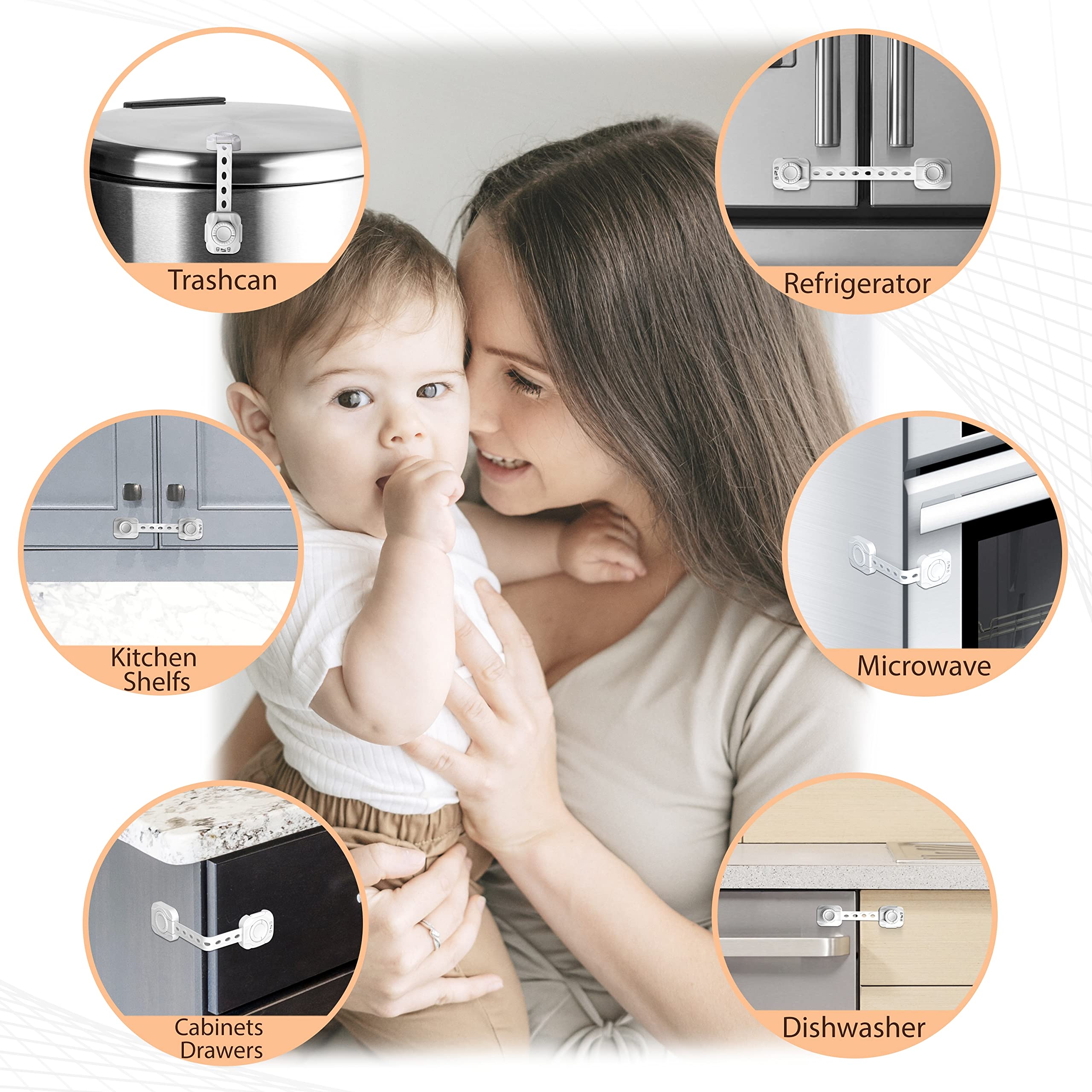 12 Pack Baby Proof Child Safety Strap Locks-Adjustable Child Locks For Cabinets With 6 Extra 3M Adhesives-Cabinet Locks For Babies With Triple Lock Protection-Child Proof Cabinet Latches For Drawers.