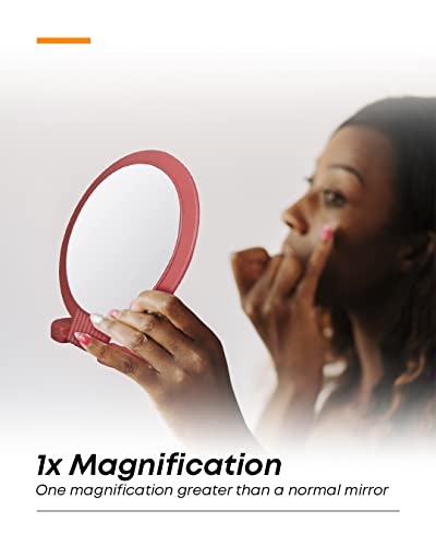 Double Sided Magnifying Mirror - Vanity Round Makeup Mirror with 1x and 5x Magnification - Mirror Stand with Adjustable Handle - Light, Compact Mirror - Portable, Standing Mirror for Travel (Red)
