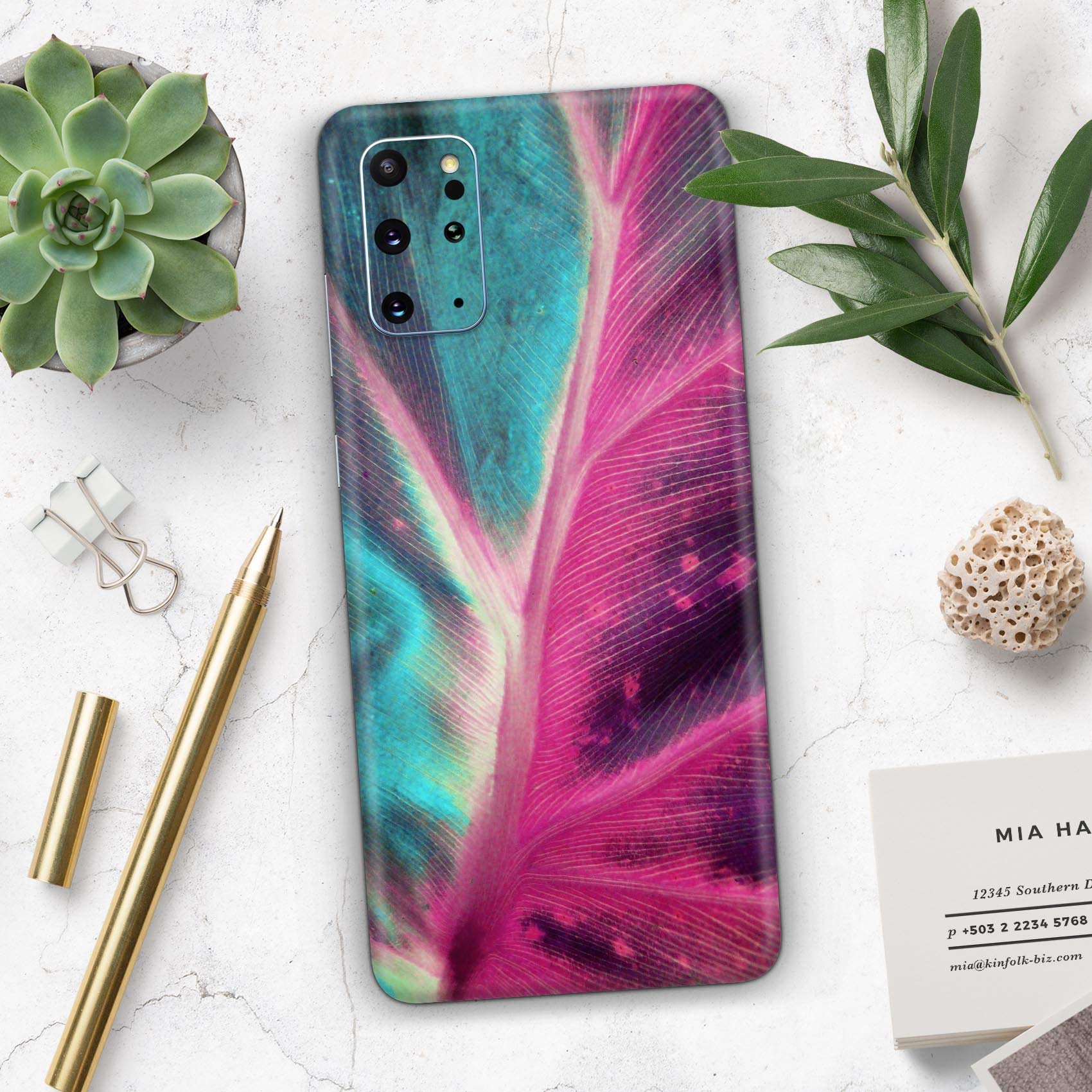 DesignSkinz Neon Pink & Green Leaf Protective Vinyl Decal Wrap Skin Cover Compatible with The Samsung Galaxy S20 (Screen Trim & Back Glass Skin)