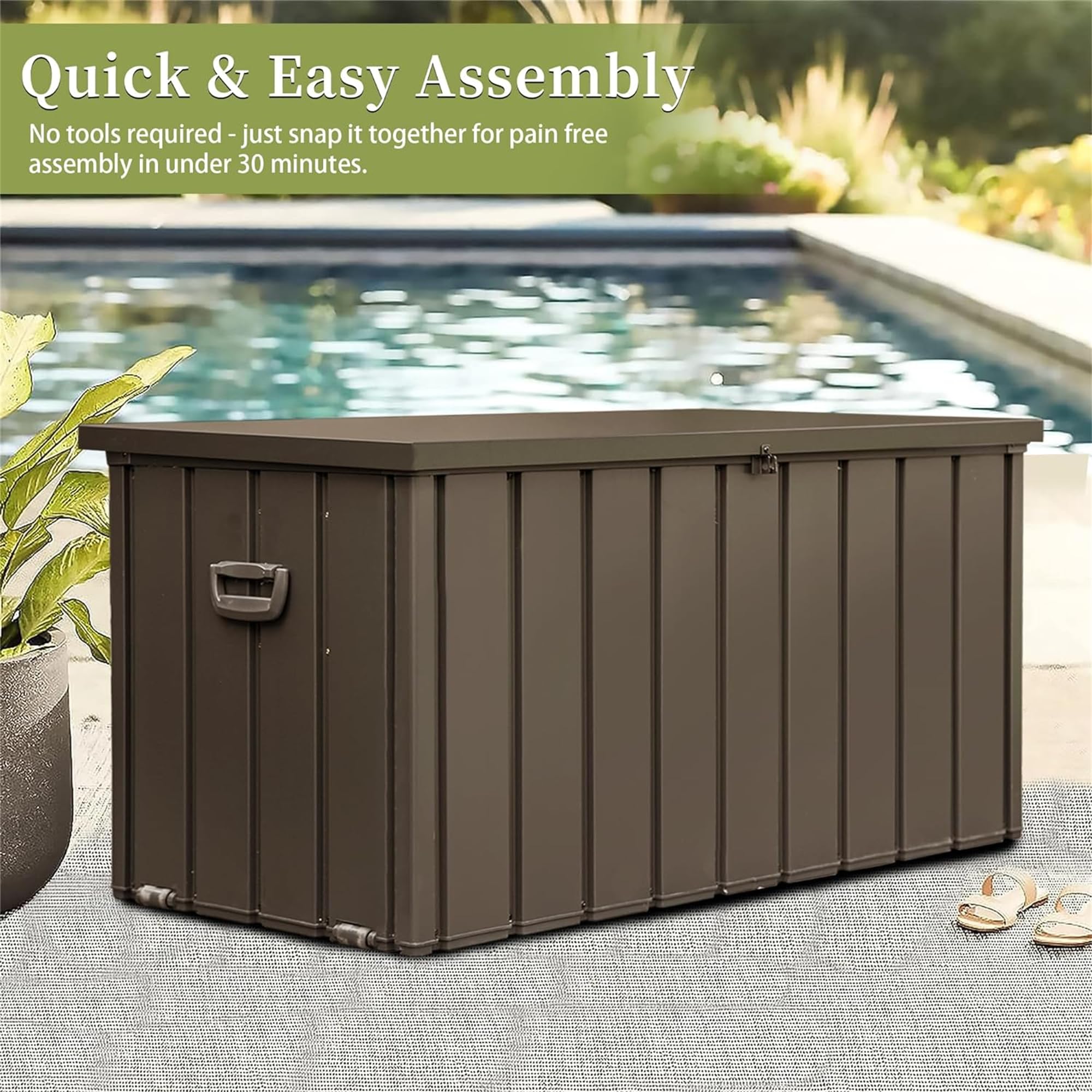 200 Gallon Outdoor Deck Box Lockable Metal Outdoor Storage Container with Side Handle, Waterproof Storage Box with Rolling Castors for Patio Garden Tools, Cushions, Pools Equipment, Dark Brown