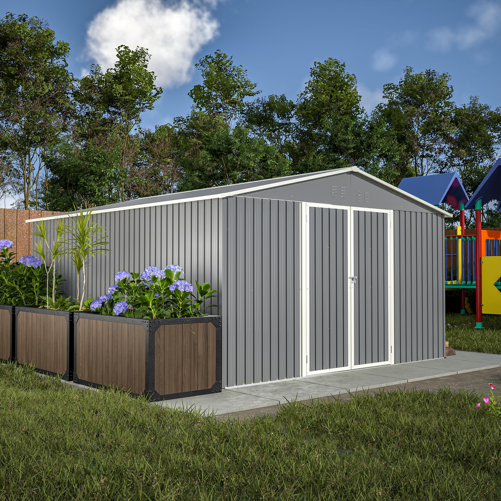 11' x 13' Outdoor Metal Storage Shed with Floor Frame Base, Galvanized Steel Garden Shed with 4 Vents, Tool Storage Shed for Backyard, Patio, Lawn