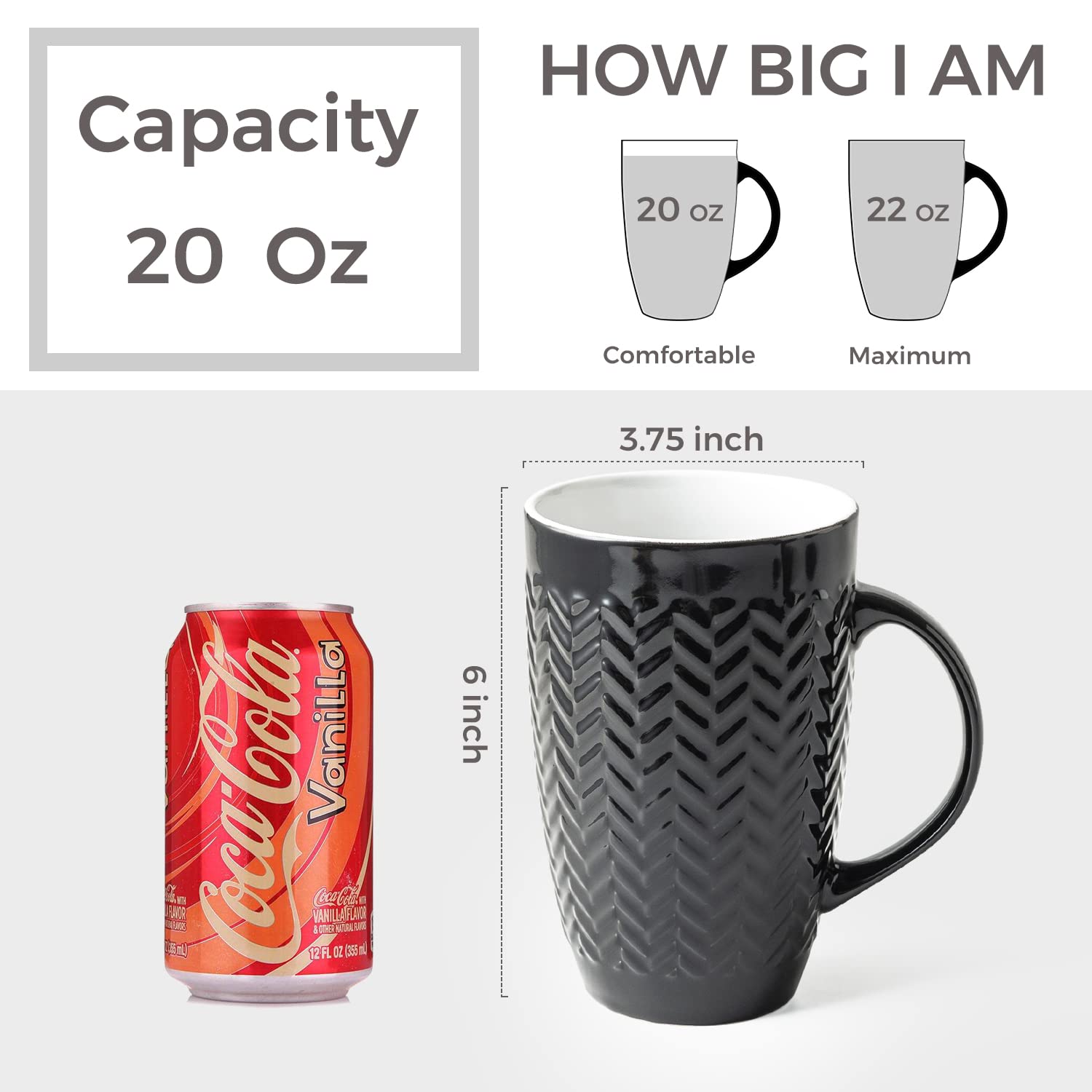 AmorArc Large Coffee Mugs Set of 6, 22oz Ceramic Tall Coffee Mugs Set with Textured Geometric Patterns for Latte/Tea/Beer/Hot Cocoa, Dishwasher & Microwave Safe, Black
