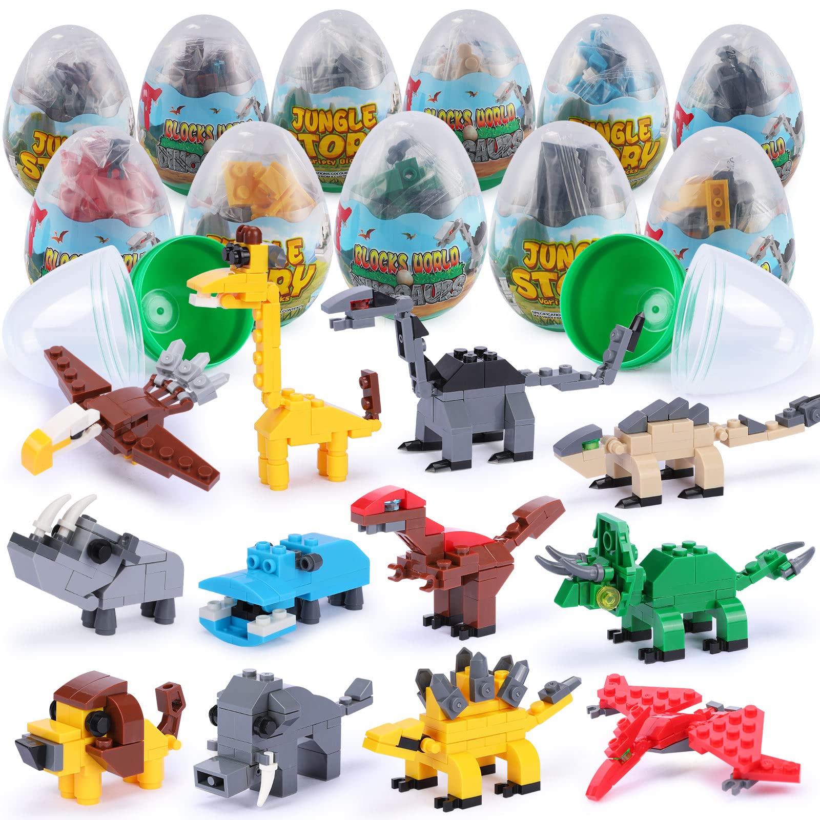 12 Pcs Easter Eggs Fillers Easter Basket Stuffers with Animal Dinosaur Building Block Plastic Surprise Eggs Prefilled Easter Egg with Toy Inside Dinosaur Eggs Easter Party Favors for Kids Easter Gifts