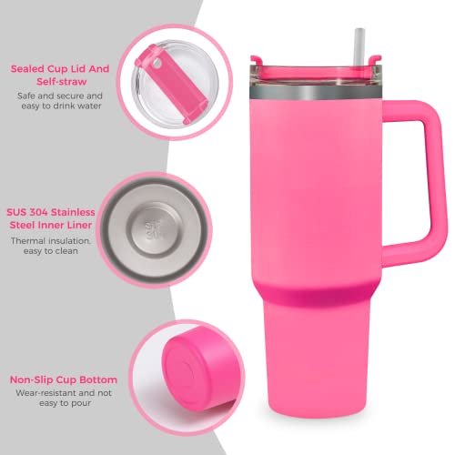 40oz Stainless Steel Tumbler with Handle Lid and Straw Insulated Coffee Mug Water Bottle Tumbler Keeps Hot and Cold Travel Cup (Azalea Red)