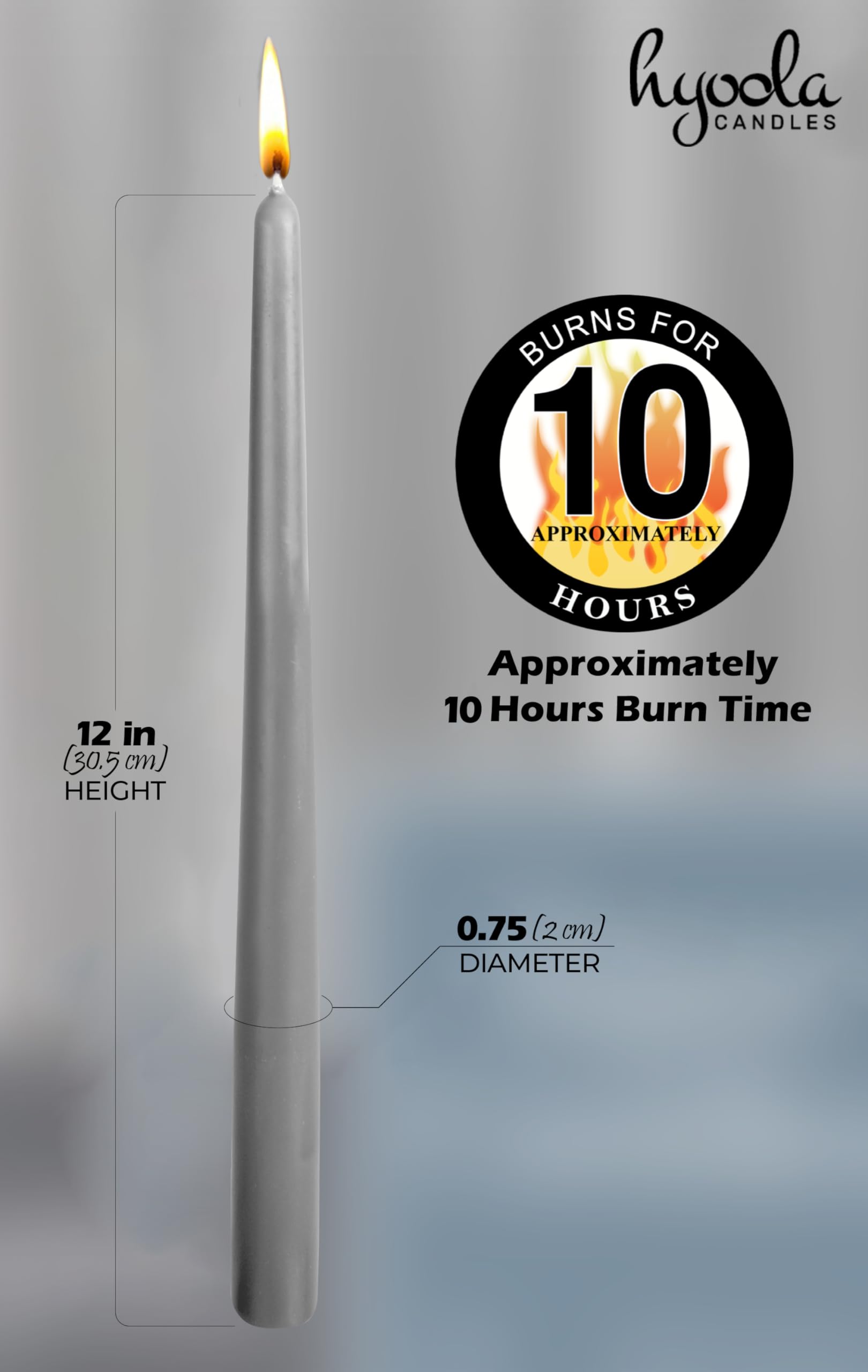 12 Pack Tall Taper Candles - 12 Inch Dark Grey Dripless, Unscented Dinner Candle - Paraffin Wax with Cotton Wicks - 10 Hour Burn Time