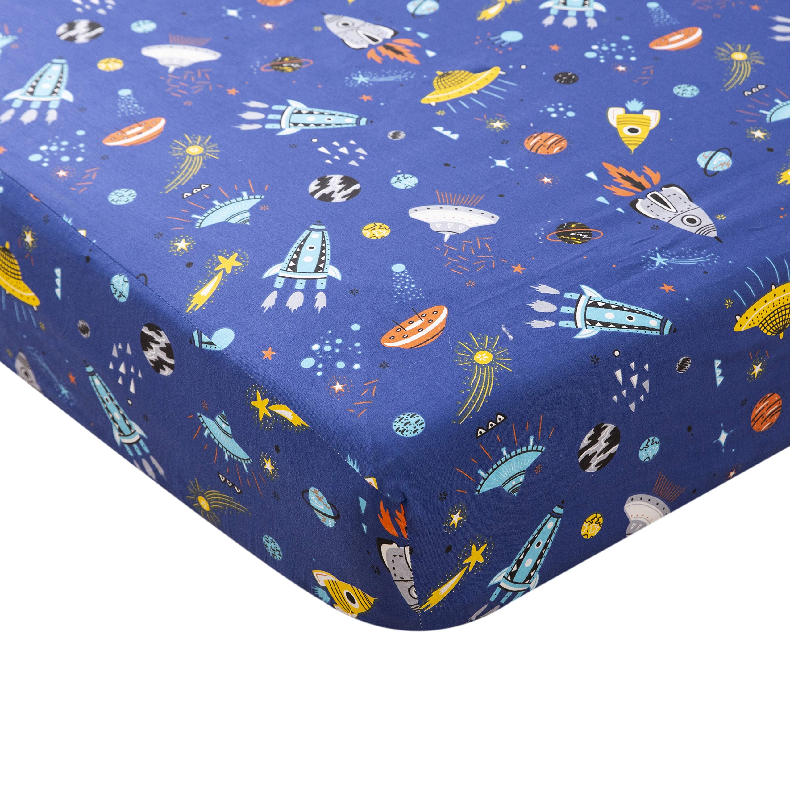Brandream Baby Boys Crib Sheet Sets Outer Space, Rocket & Planet Fitted Crib Sheets,2 Pack Navy/White Baby Infant Newborn Crib Mattress Sheet 100% Cotton,Galaxy Theme