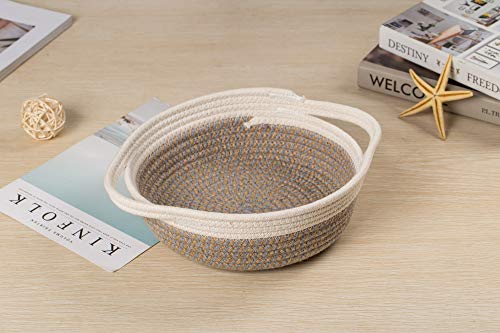 Small Rope Storage Key Basket Desk Organizer Basket Remote Control Bedside Storage Home Decor Mini Basket Woven Storage Basket Bowl Woven Dish Desk Container (Grey Camel Mix & White - Hemp Rope)