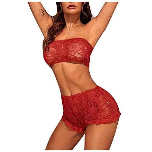 Akabsh Women Sexy Lace Lingerie Set Ladies Fashion Sexy Lingerie Three-Point Lace See-Through Tube Top Split Suit