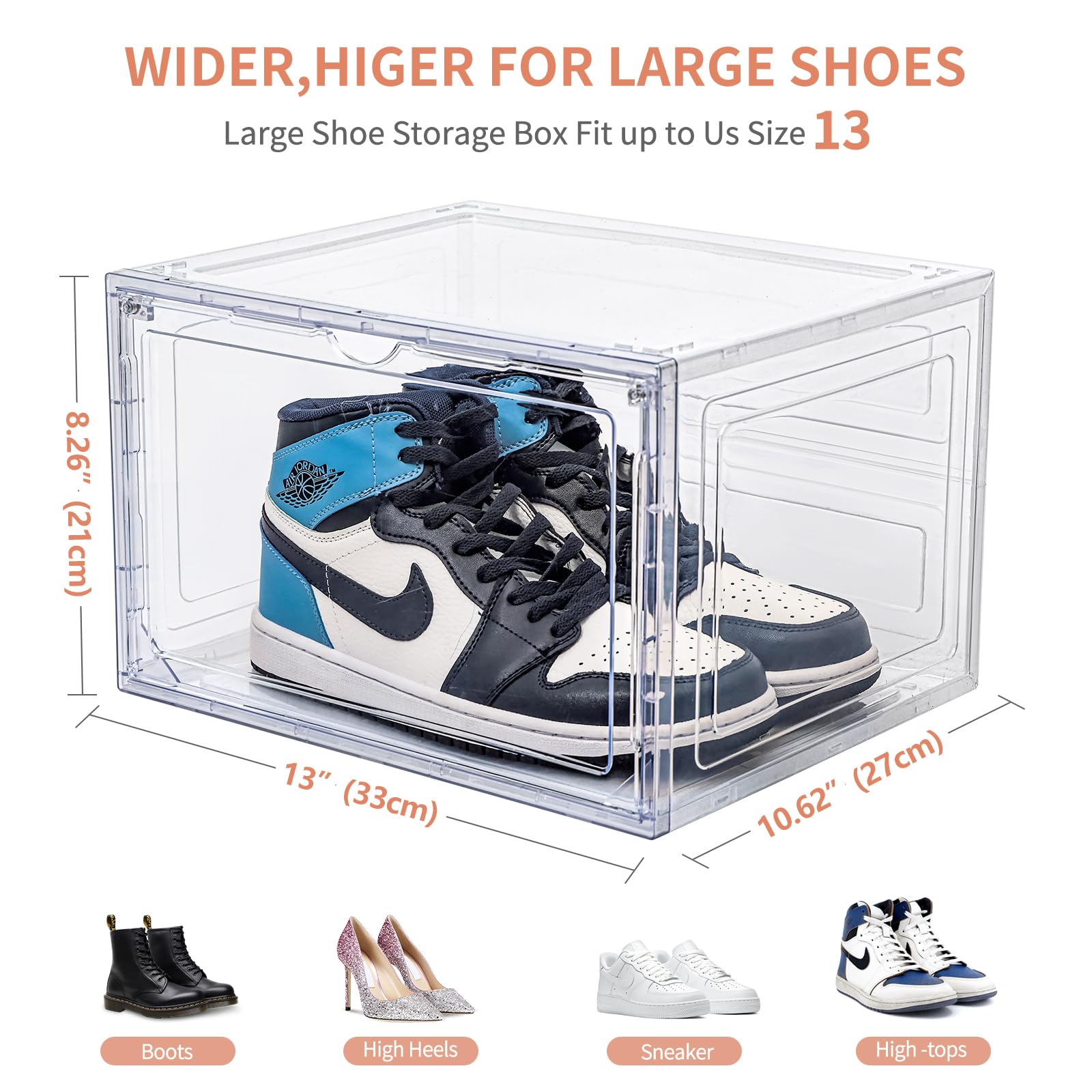 12 Pack Clear Shoe Boxes Stackable,Large Shoe Storage Organizer with Magnetic Door,Drop Side Shoe Containers for Entryway,Sneaker Storage Fit up to US Size 13 for Men/Women(13’’x 10.62”x 8.26”)