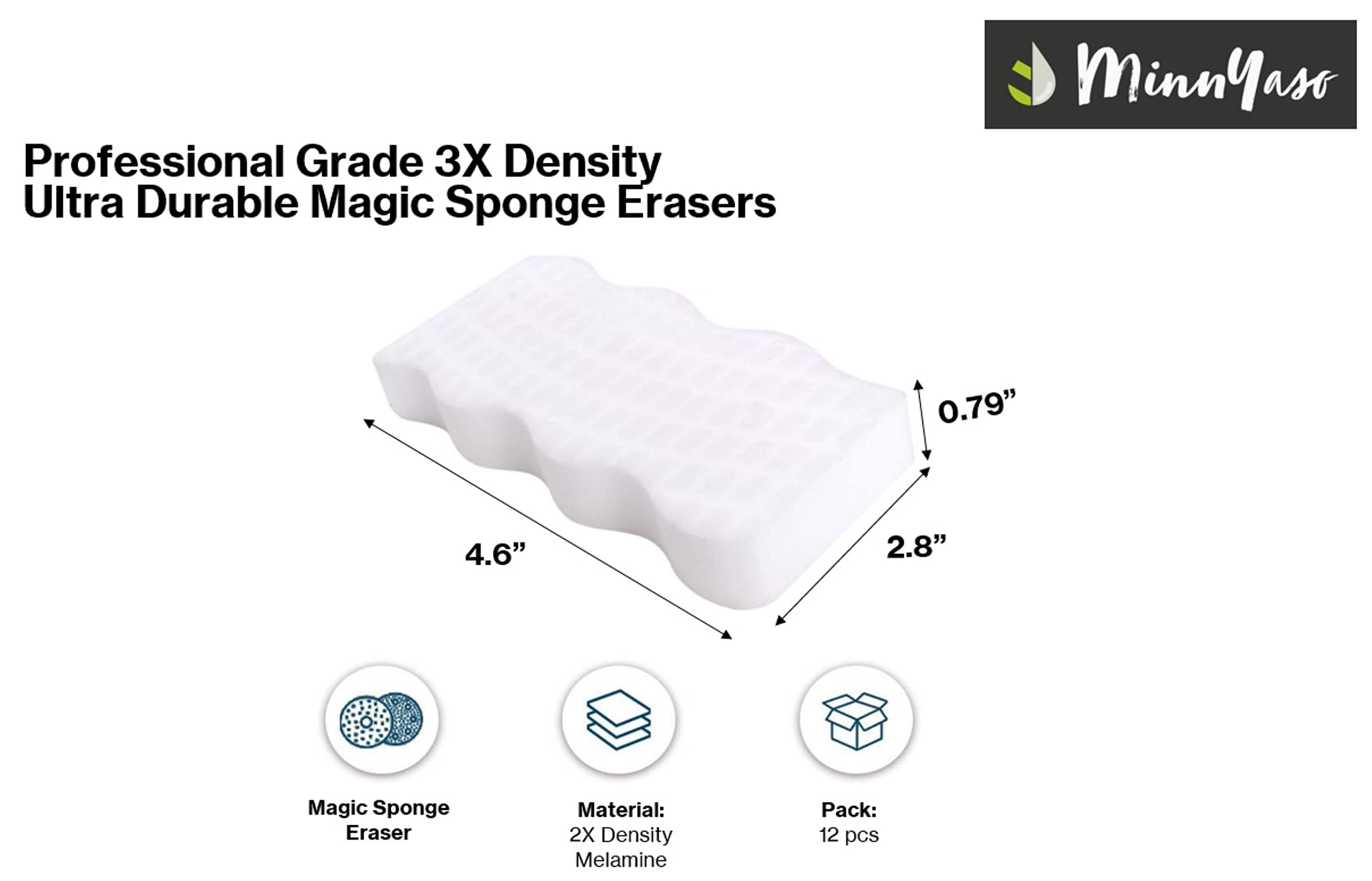 12 Pack 3X Density Ultra Durable Magic Sponge Erasers Professional Grade Multi Surface Scrubber Cleans Tough Dirt Scuffs Marks and Grime with No Chemicals Floor Wall Baseboard Bathroom Cleaner