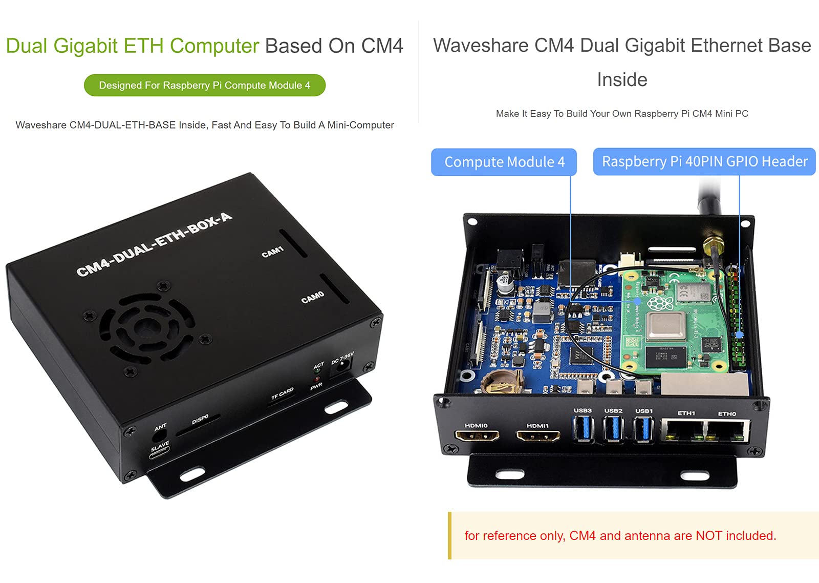 waveshare Dual Gigabit Ethernet Mini-Computer Based on Raspberry Pi Compute Module 4 (NOT Included), CM4 Dual ETH Base Inside, Metal Case, with Cooling Fan, Fast and Easy to Build a CM4 Mini PC
