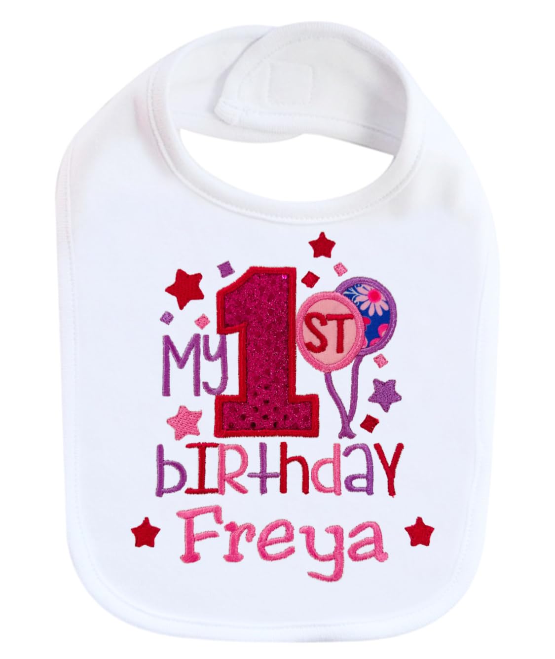 Fantasy Kids Designs First Birthday Baby Girl Bib Balloons Personalized with Custom Name (White Bib/Hot Pink)