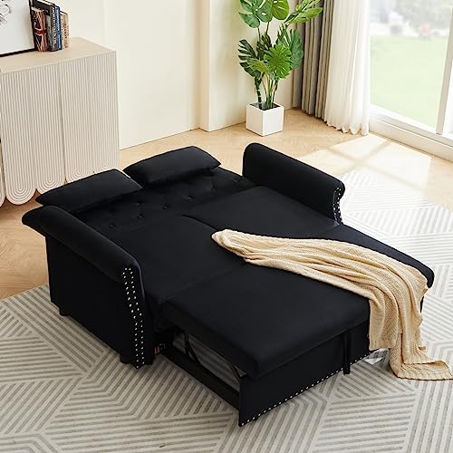 3 in 1 Sleeper Sofa Couch, Velvet Convertible Loveseat Sleeper with Adjustable Backrest, Pull Out Sofa Bed for Living Room Apartment, 55" Black