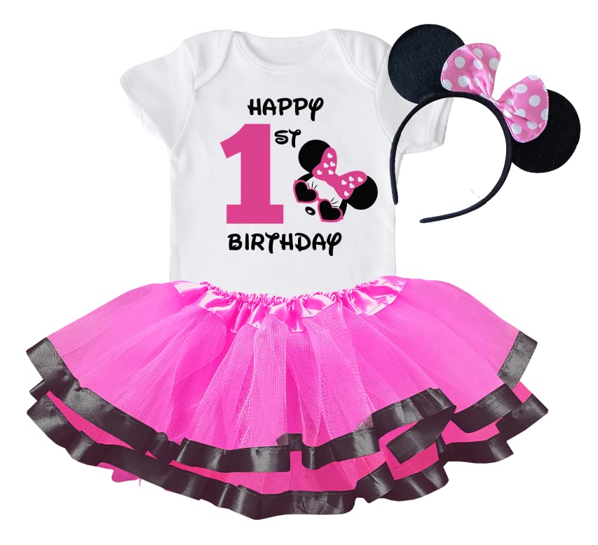 First Birthday Girl Outfit - Mouse Tutu Set (Pink and Black Tutu, 12M Short Sleeves)
