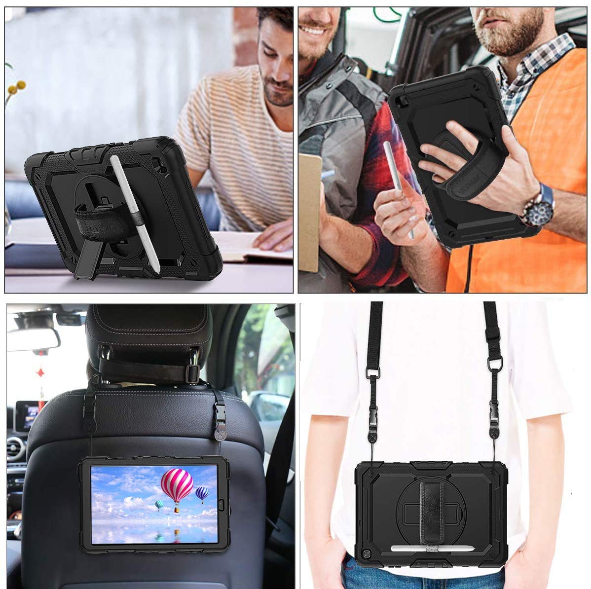 Samsung Galaxy Tab A 8.0 Case 2019 with Screen Protector Pencil Holder | Rugged SM-T290/T295/T297 Case for Kids | Blosomeet Heavy Duty Shockproof Protective Cover w/ Stand Hand Shoulder Strap | Black