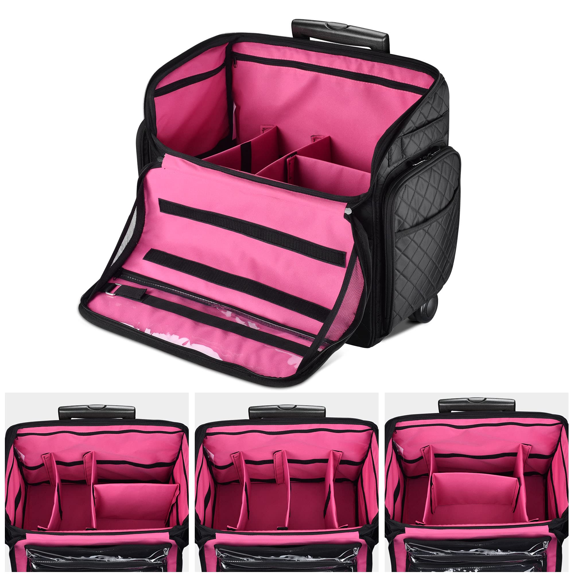 BYOOTIQUE Rolling Makeup Train Case Hairstylist Traveling Bag Carry On Barber Case Suitcase with Adjustable Dividers Cosmetic Bag with wheels for Hairdressing Tool Organizer Makeup Salon Nail