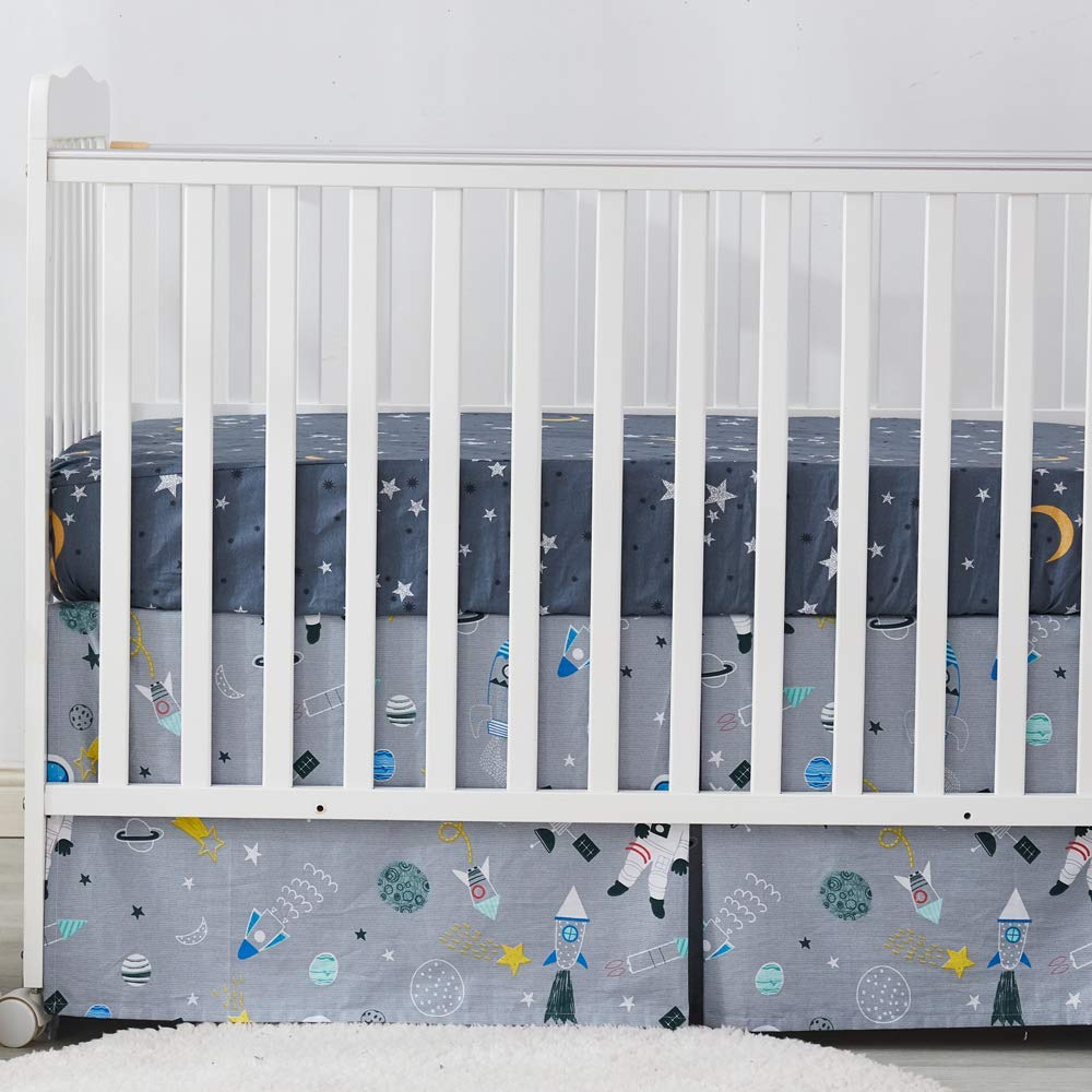 Brandream Space Crib Bedding Sets for Boys 3 Piece Adventures Rocket Galaxy Nursery Set | Astronaut Crib Blanket, Stars Fitted Crib Sheet, Gray Crib Skirt Included