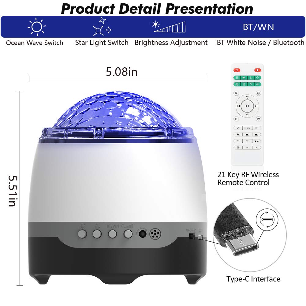 Galaxy Projector, Star Light Projector for Bedroom, Sleeping Soothing White Noise Sound Machine with Remote, Timer, Music Speaker, 8 Soother Sounds Ocean Wave Projector for Baby Kids Adults Relaxation