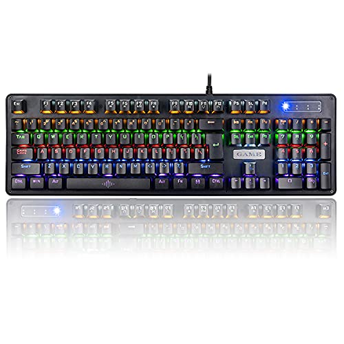 Gaming Keyboard with Customizable RGB Backlight, Tactile & Clicky Blue Switches, 104-Key Anti-Ghosting Wired Keyboard with Surround Lighting, Steel Body for PC and Laptop