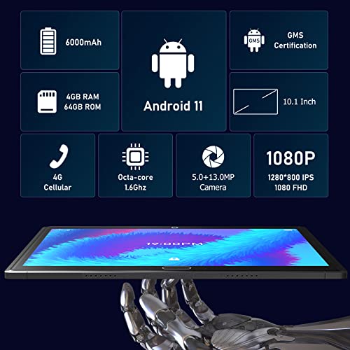 2023 Newest Android Tablet 10.1 Inch, 4G Cellular Tablet with Keyboard, 2 in 1 Tablet with 2 SIM Slot 64GB ROM+4GB RAM-13MP Camera, Octa-Core, 1080 FHD |Wi-Fi | GPS| Bluetooth |Mouse/Stylus-Black